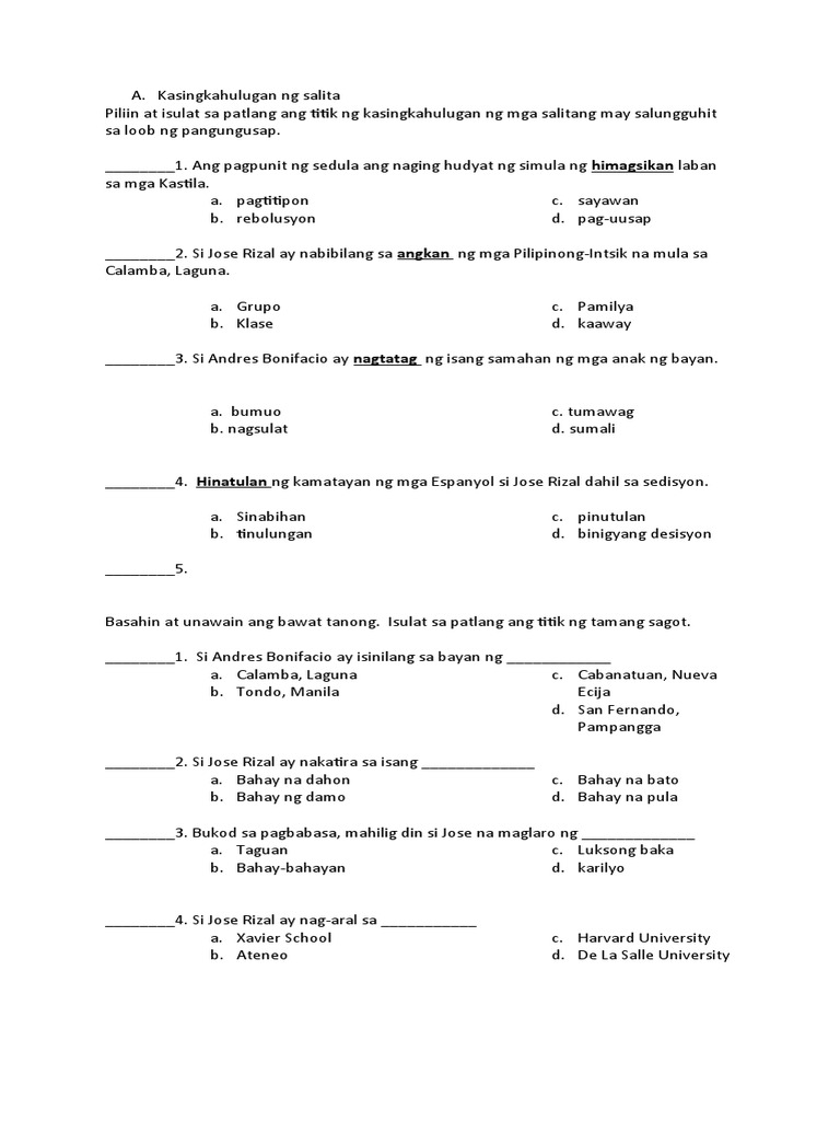SU WORKSHEET - Dalawang Bayani | PDF