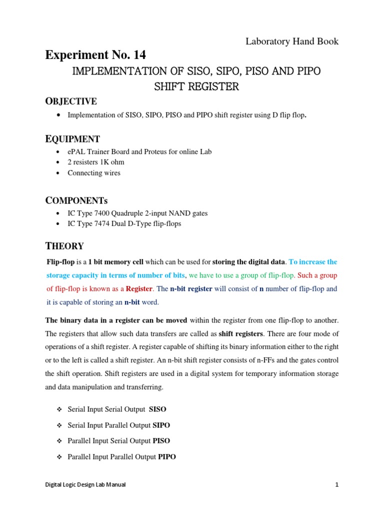 Experiment No. 14: Laboratory Hand Book Implementation of Siso, Sipo ...