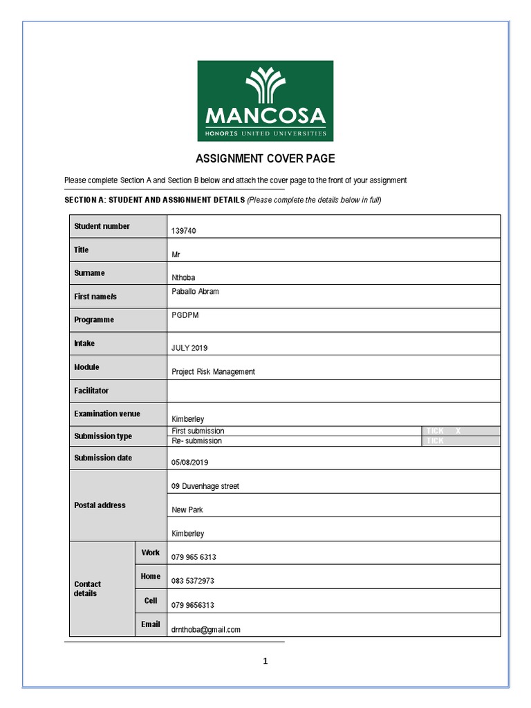 Assignment 1 Project Risk Managemnt Pdf Risk Risk Management