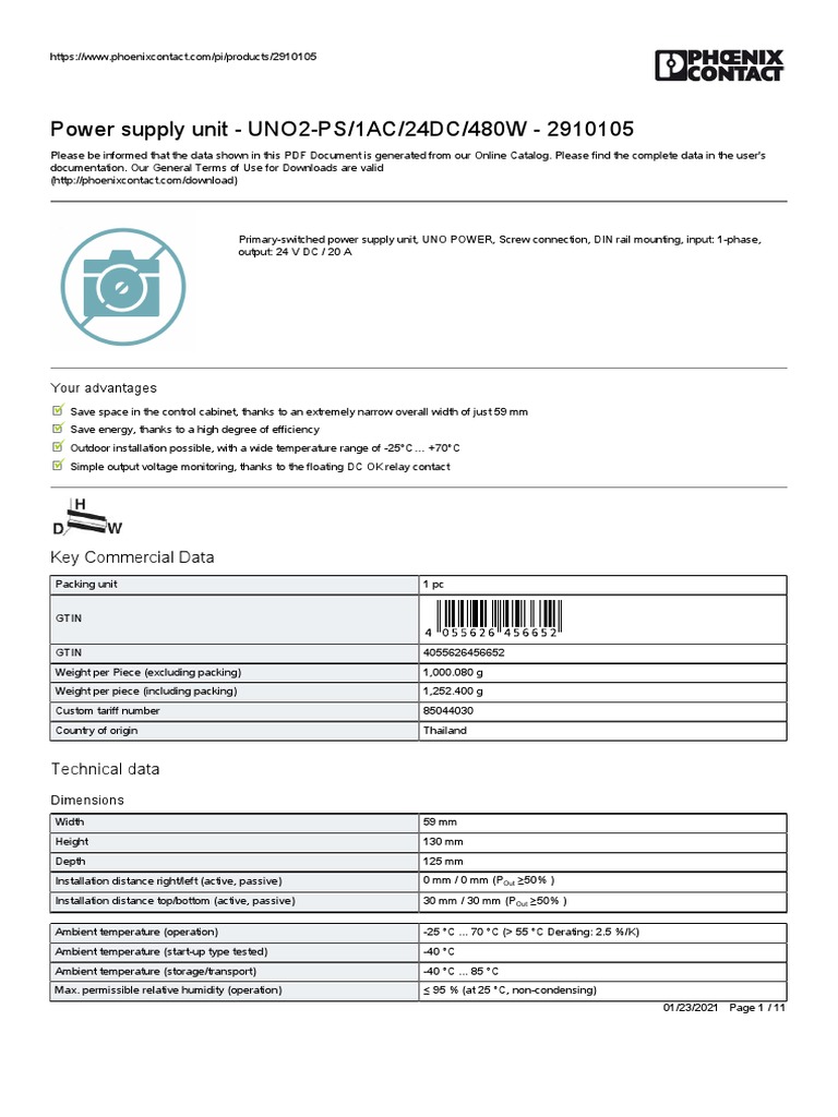 Power Supply Unit - UNO2-PS/1AC/24DC/480W - 2910105: Key Commercial ...