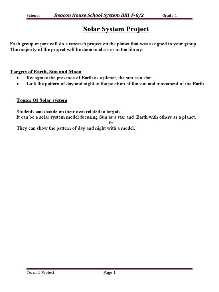 Solar System Project: Beacon House School System BKI - F-8/2 | PDF ...