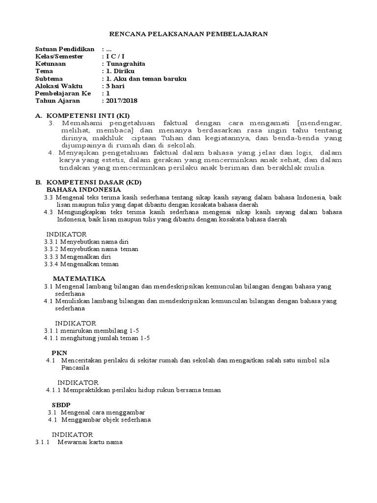 RPP Tunagrahita Kelas 1 Tema 1 Subtema 1 | PDF