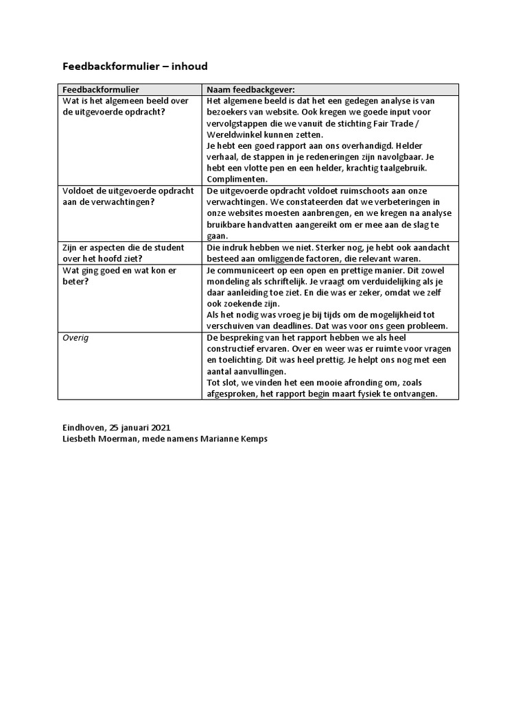 Feedbackformulier - Opdrachtgever | PDF