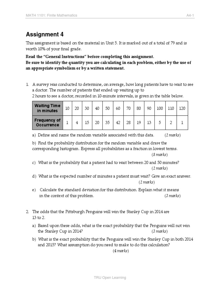 Assignment 4: MATH 1101: Finite Mathematics A4-1 | PDF | Mean | Standard Deviation