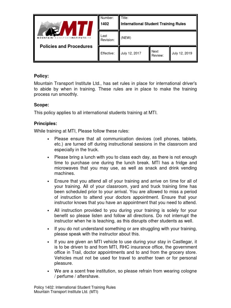 Policies and Procedures: 1402 International Student Training Rules ...