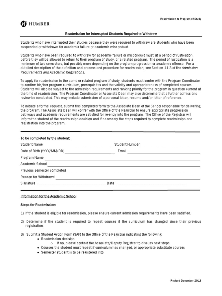 Requirements and Academic Regulations.: Readmission To Program of Study ...