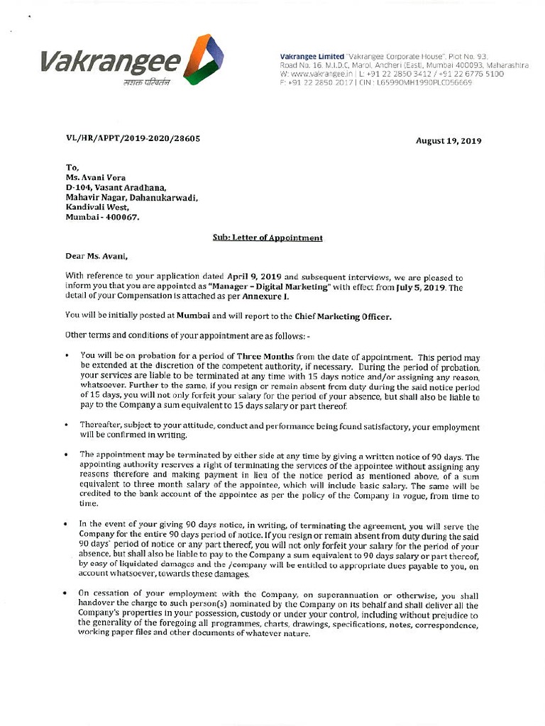 Appointment Letter - Avani Vora | PDF