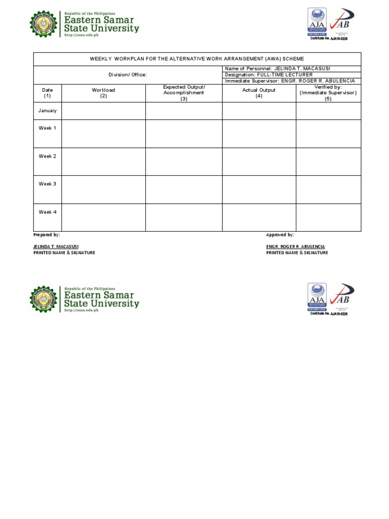Weekly Workplan For The Alternative Work Arrangement | PDF