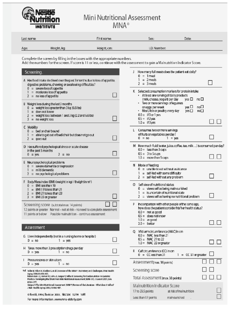 Mini Nutritional Assessment | PDF