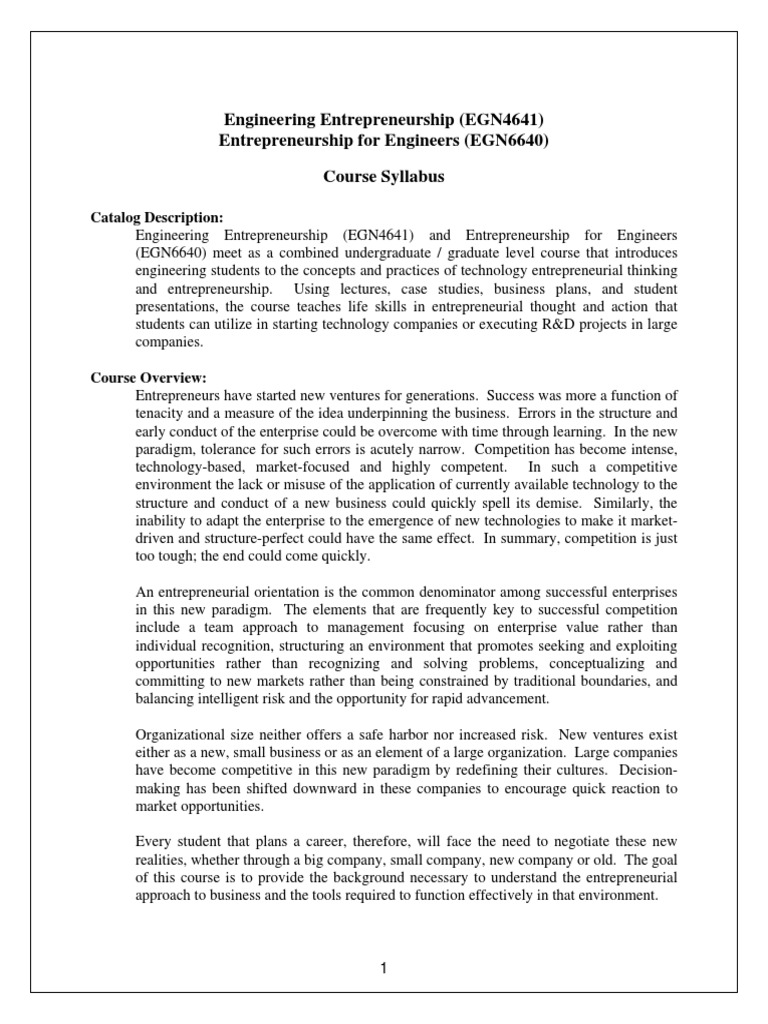 Engineering Entrepreneurship Course Overview | PDF | Entrepreneurship ...