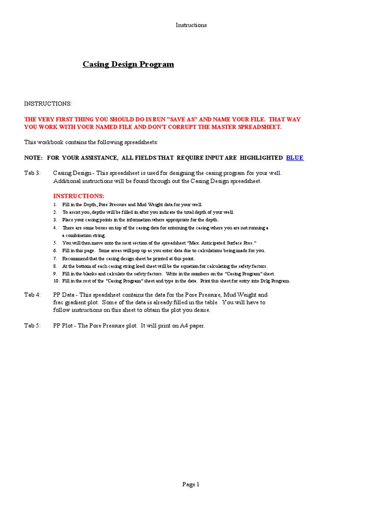Casing Design Program: Instructions | PDF | Casing (Borehole) | Spreadsheet