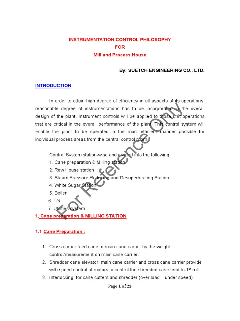 Instrumentation Control Philosophy FOR Mill and Process House | PDF ...
