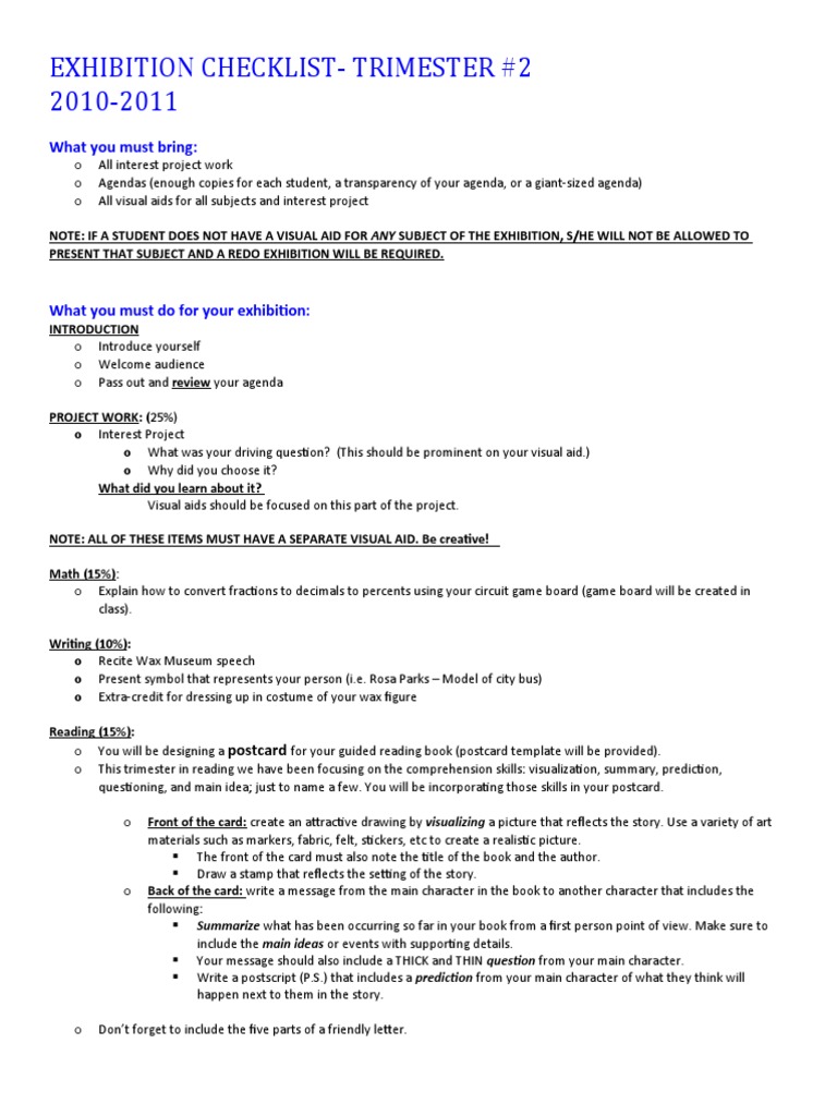 Exhibition Checklist TRIMESTER 2-2010-11 | PDF | Communication | Learning