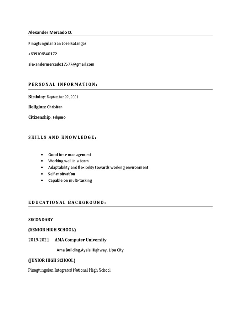 A Concise Resume Showcasing Alexander Mercado's Skills, Education, and ...