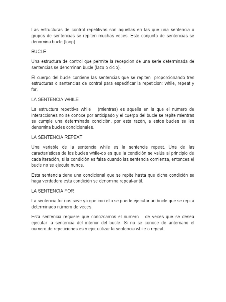 Estructuras de control repetitivas: bucles while, repeat y for | PDF