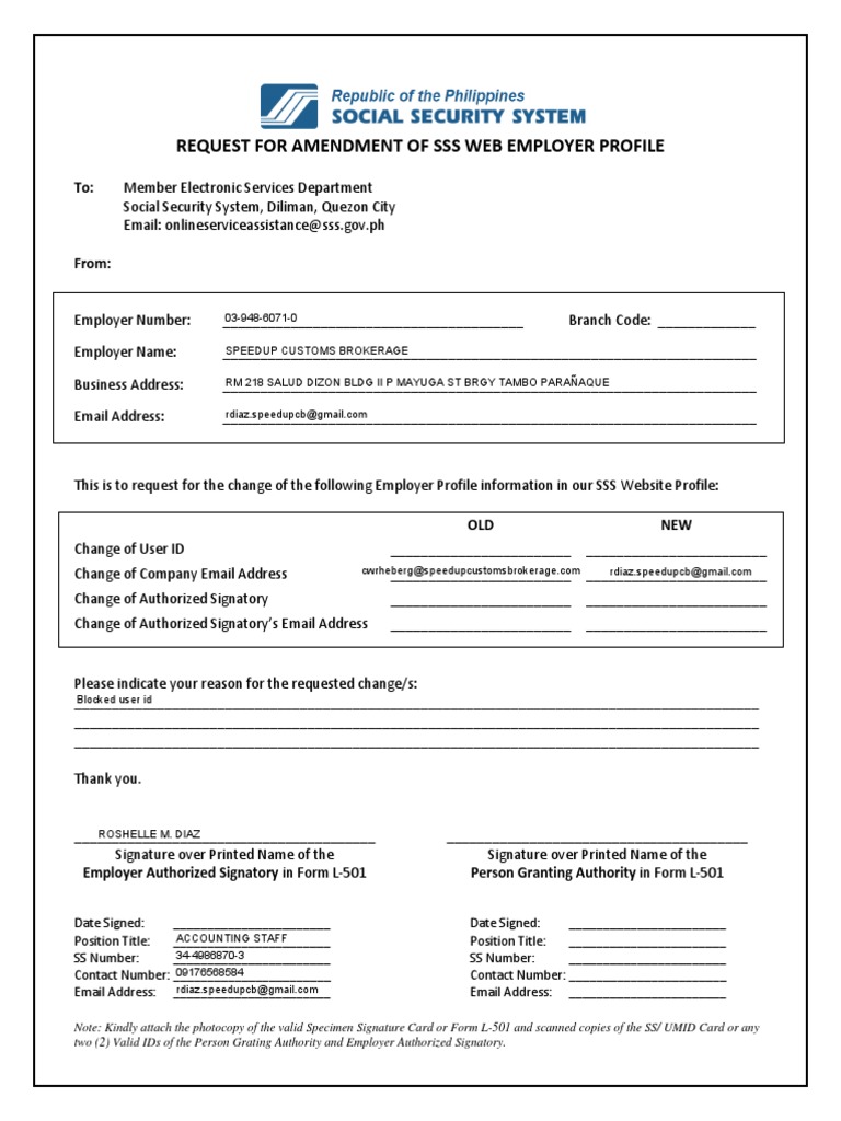 Request For Amendment of SSS Web Employer Profile | PDF | Security ...