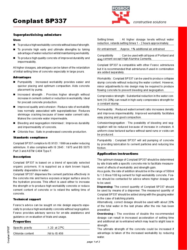 TDS Conplast SP337 India | PDF | Concrete | Materials