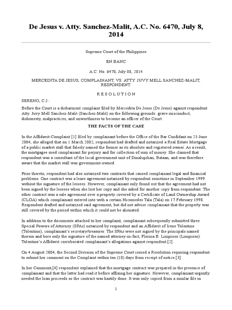 De Jesus v. Atty. Sanchez-Malit, A.C. No. 6470, July 8, 2014 | PDF ...