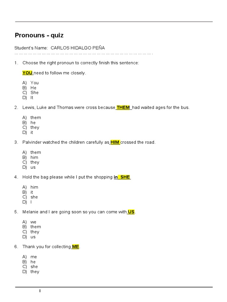 Object Pronouns Quiz | PDF