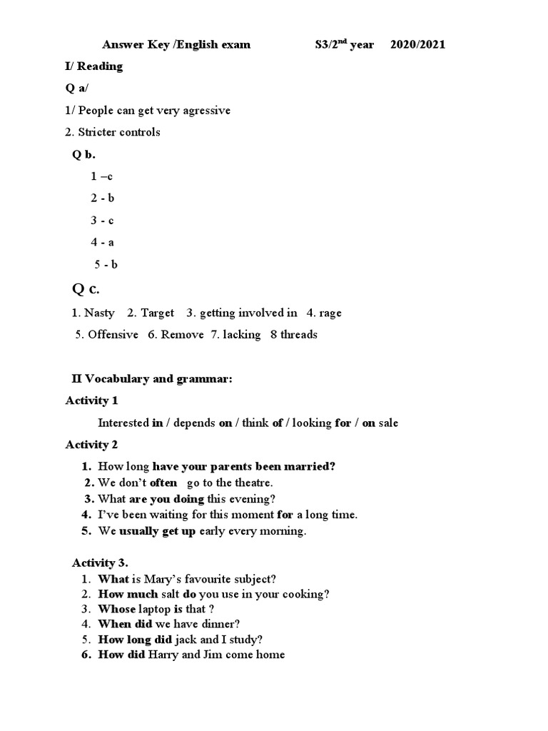 Answer Key English Exam 2nd Year 2021 | PDF