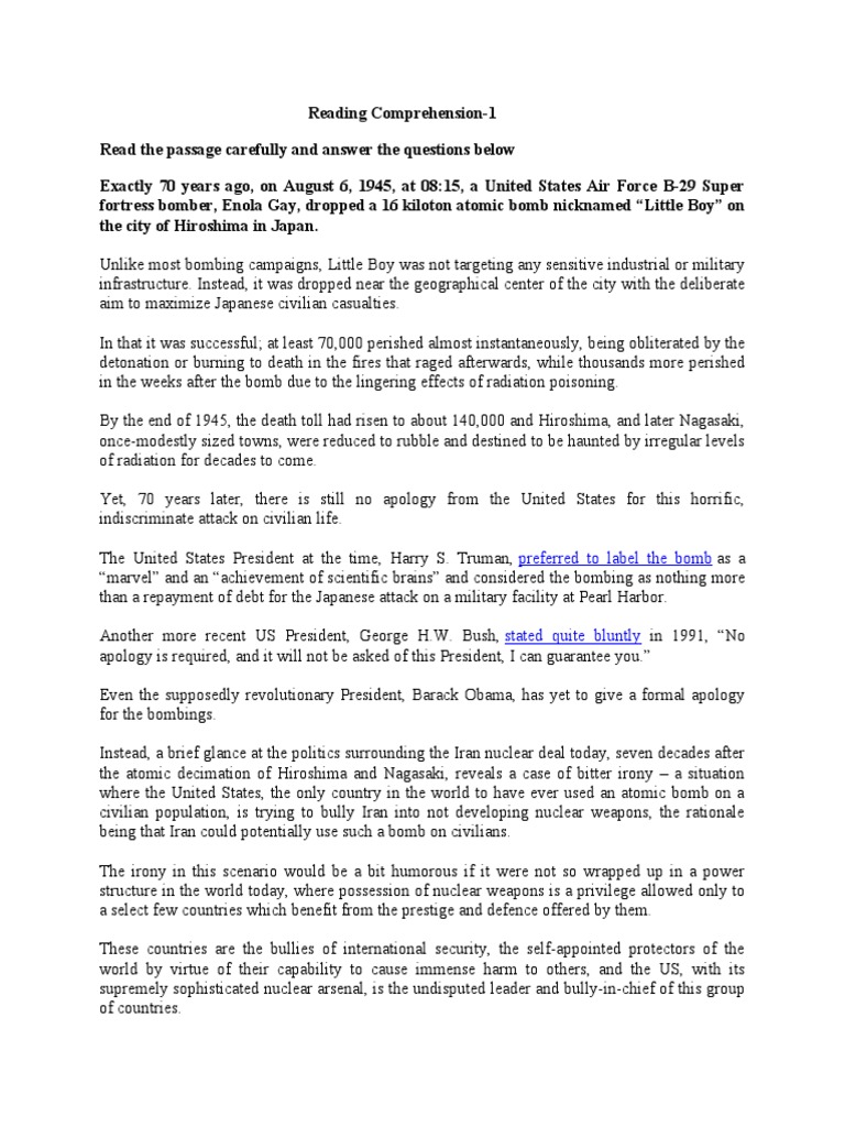 Reading Comprehension | PDF | Atomic Bombings Of Hiroshima And Nagasaki ...