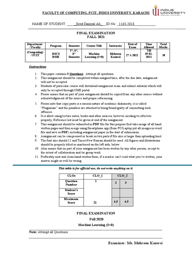 Final Exam Paper Fall 2020 | PDF | Machine Learning | Cluster Analysis