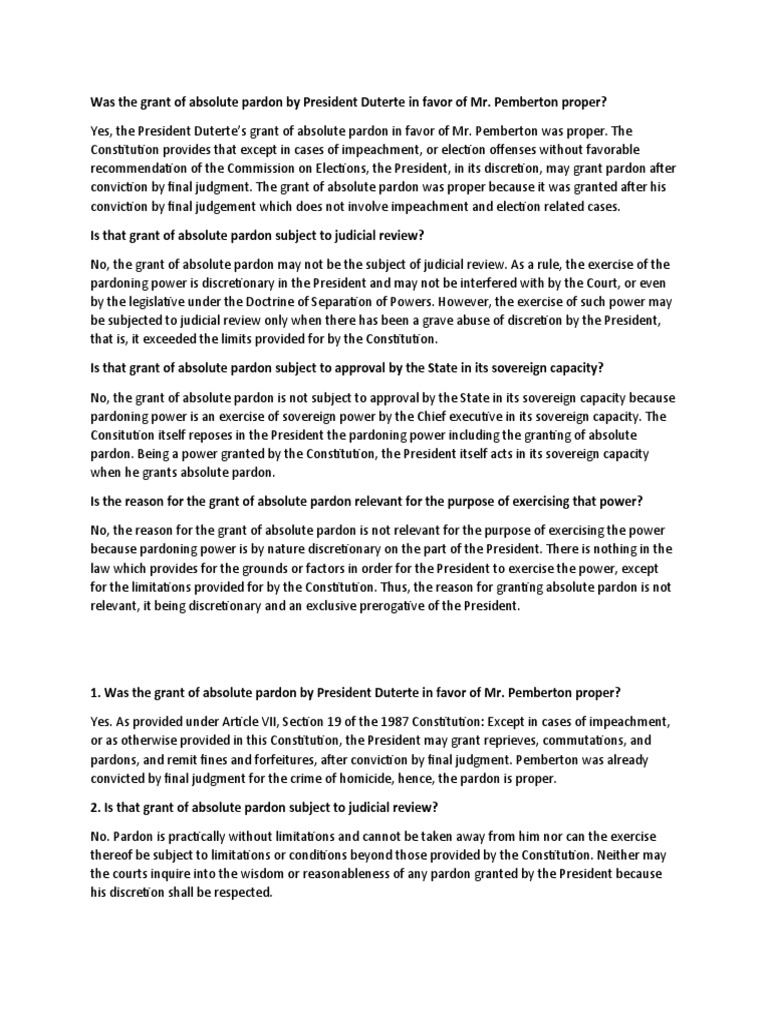 Was The Grant of Absolute Pardon by President Duterte in Favor of MR ...