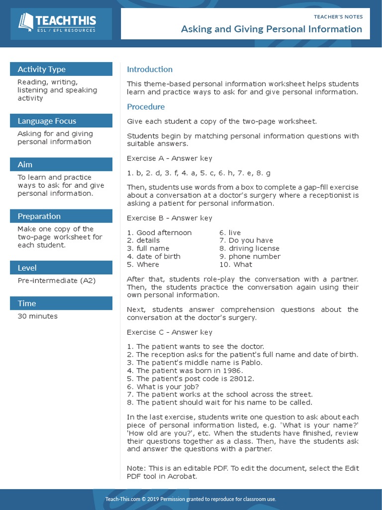 Asking and Giving Personal Information Worksheet | PDF | English As A ...