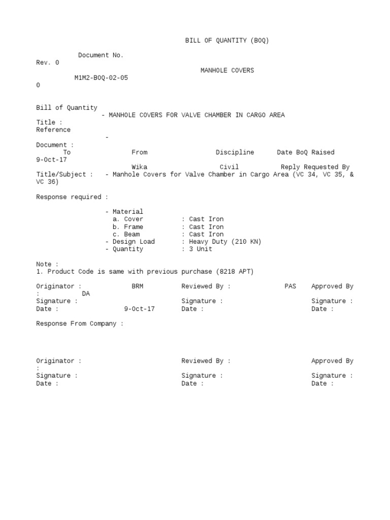 Technical BoQ M1M2 Manhole Cover | PDF