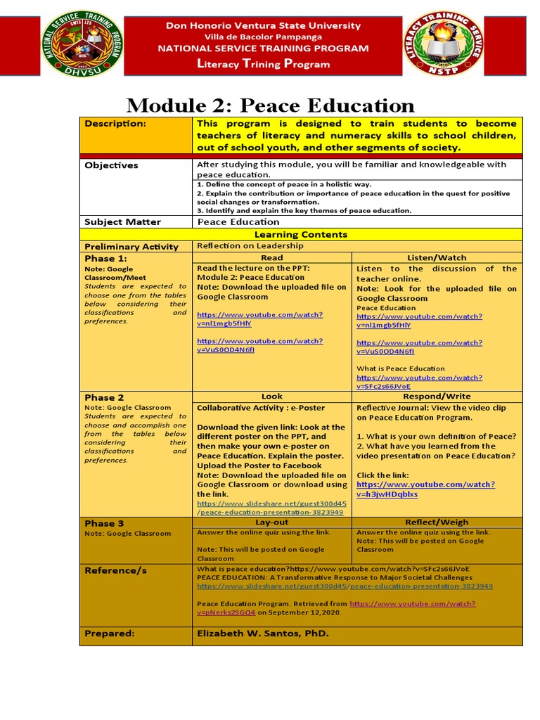 Module 2: Peace Education: Don Honorio Ventura State University ...
