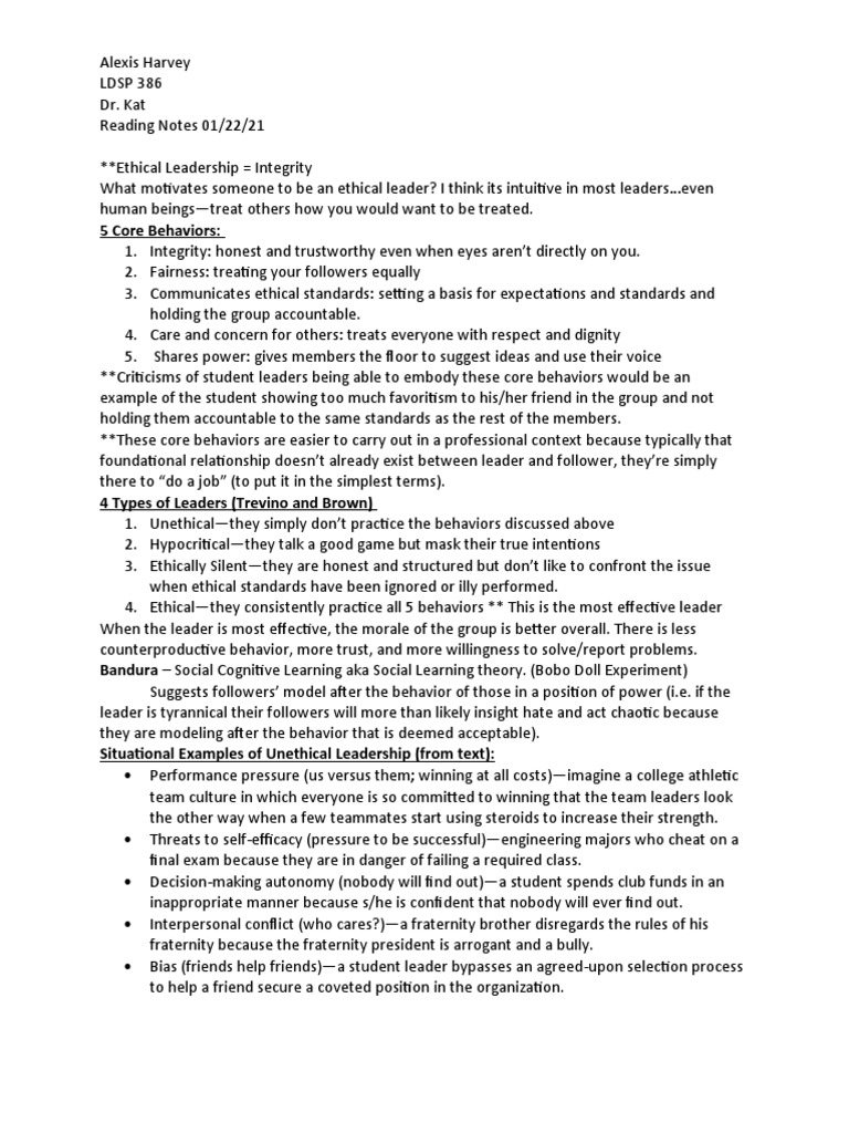 Ethical Leadership Notes | PDF | Value (Ethics) | Leadership