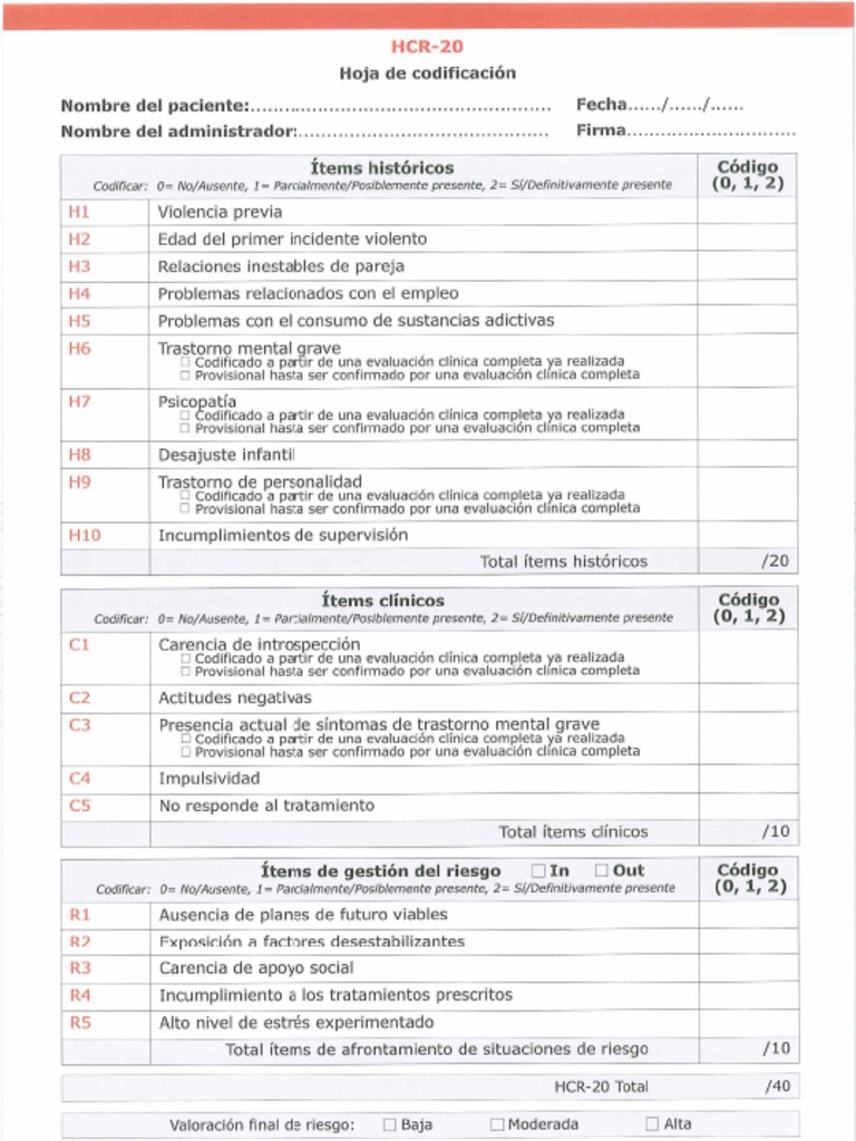 Hoja de Codificacion Del HCR 20 | PDF