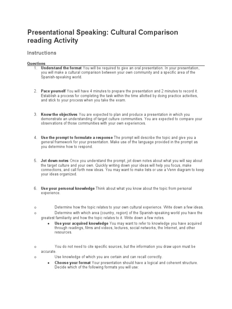 Presentational Speaking: Cultural Comparison Reading Activity | PDF ...