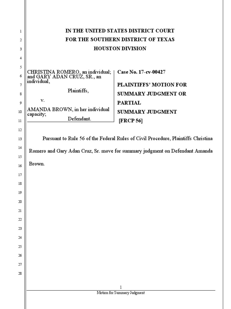 Romero MSJ Final | PDF | Summary Judgment | Celotex Corp. V. Catrett