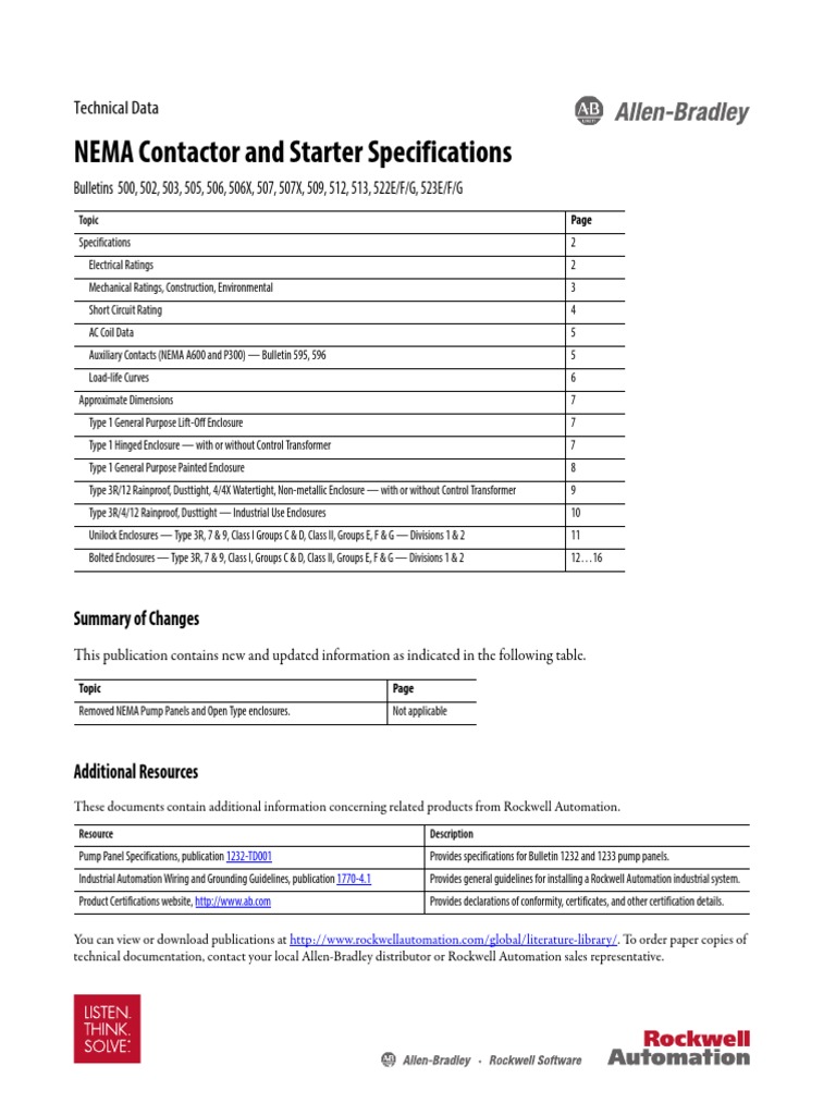 NEMA Contactor and Starter Specifications: Technical Data | PDF | Relay ...