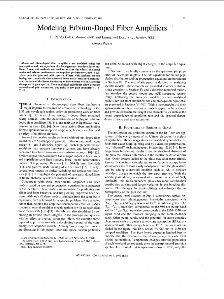 Modeling Erbium-Doped Fiber Amplifiers: Randy Giles, and Emmanuel ...