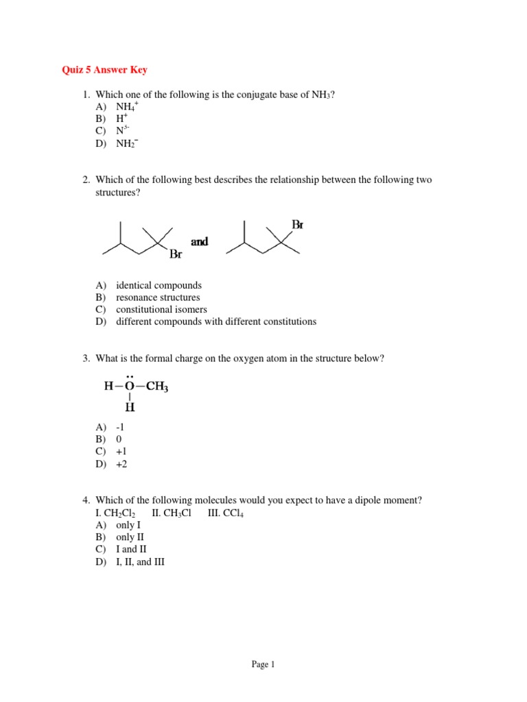 Quiz 5 Answer Key | PDF | Conformational Isomerism | Isomer