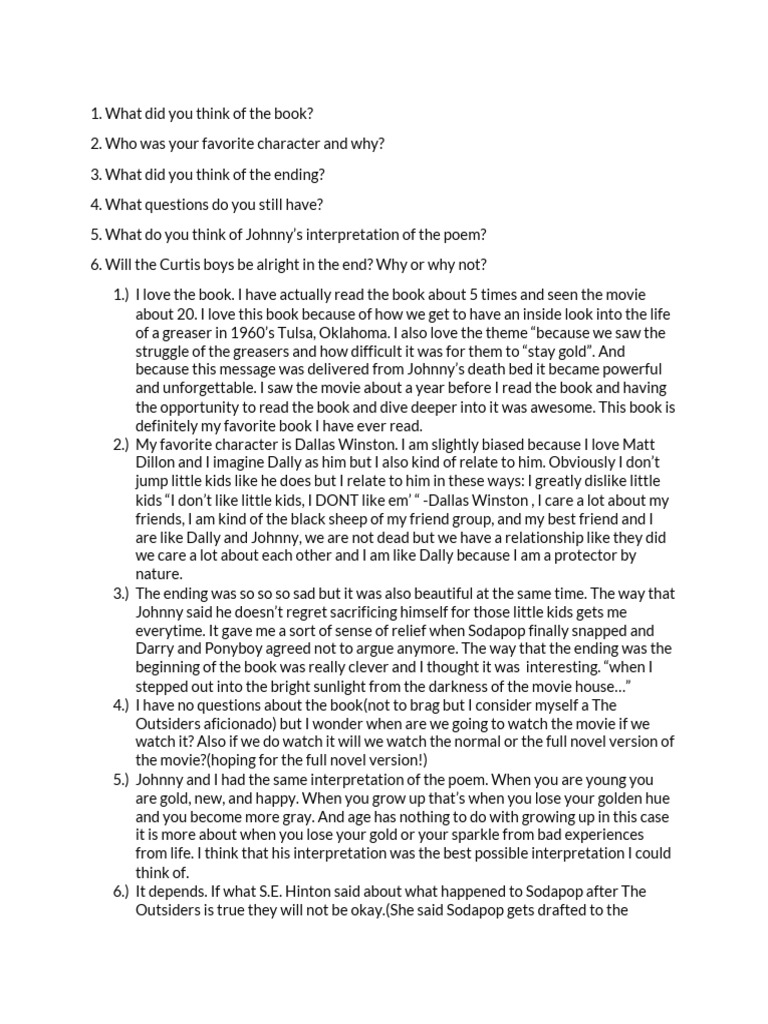 The Outsiders Reflection Example | PDF | General Fiction