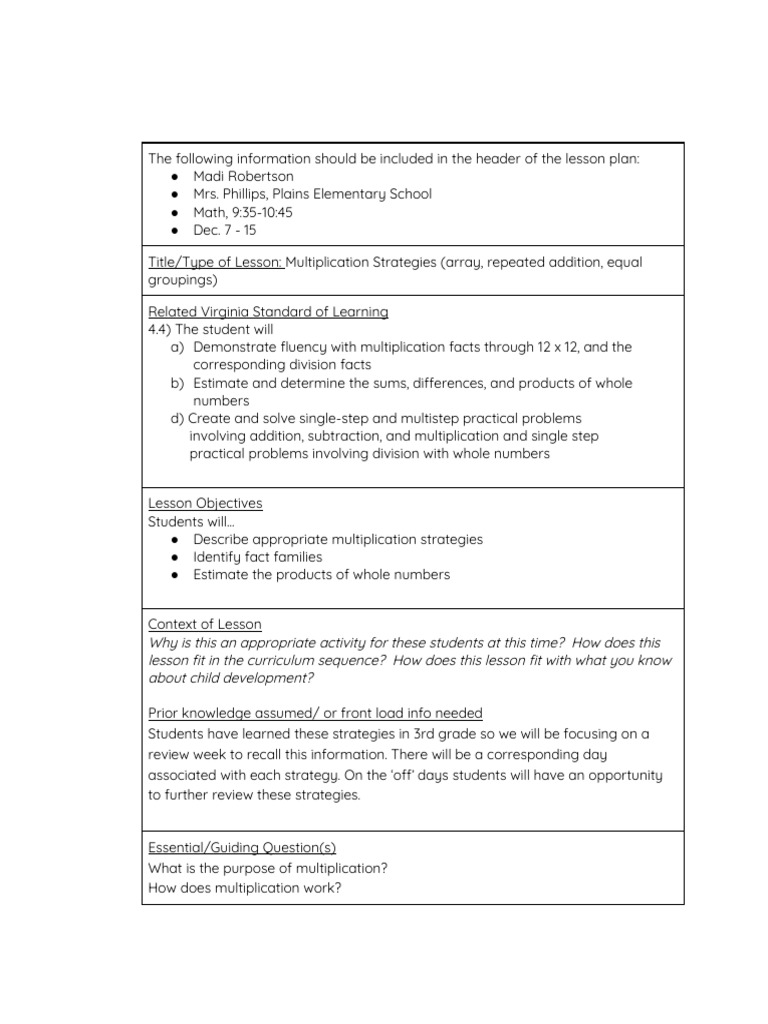 Multiplication Lesson Plans 1 | PDF | Lesson Plan | Multiplication