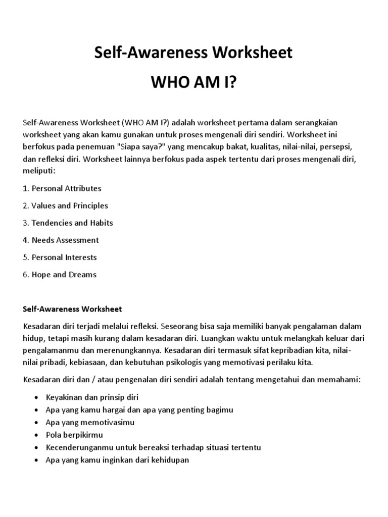Self-Awareness Worksheet | PDF