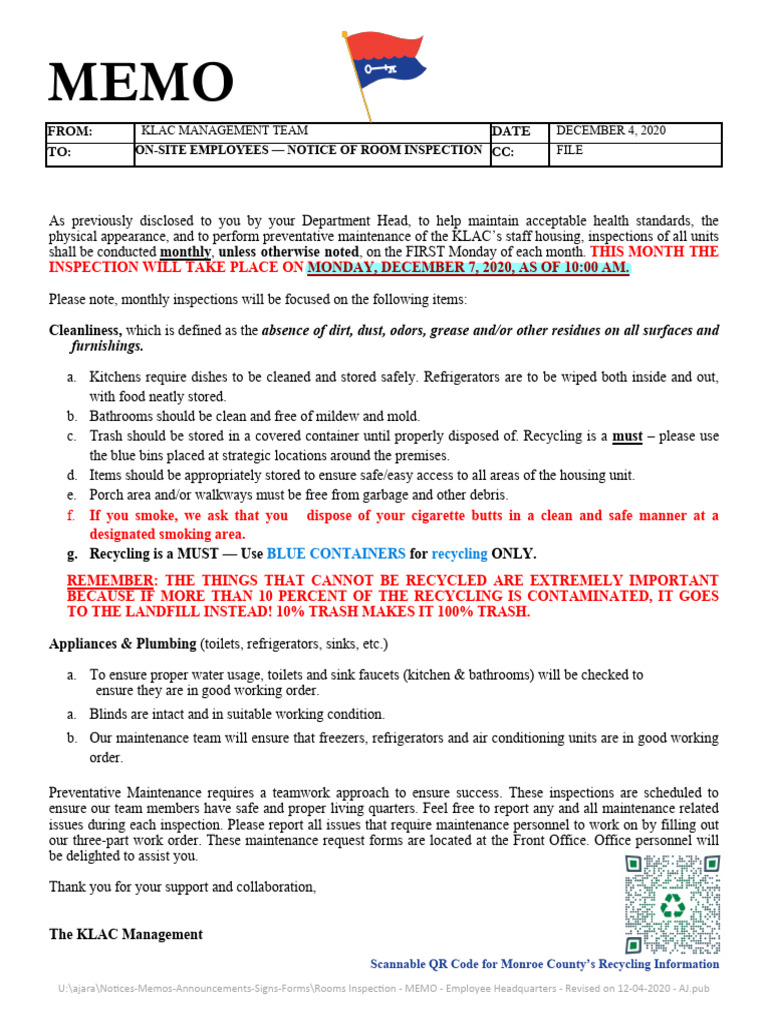 Rooms Inspection - MEMO - Employee Headquarters - Revised On 12-04-2020 ...