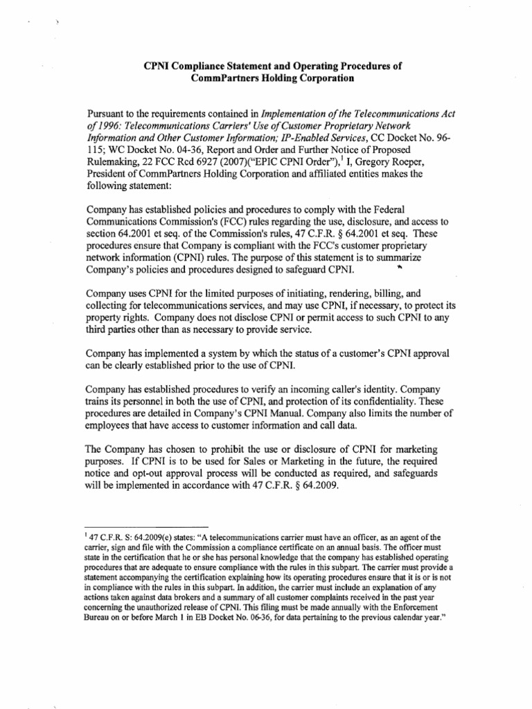 CPNI Compliance Procedures Overview | PDF | Federal Communications ...