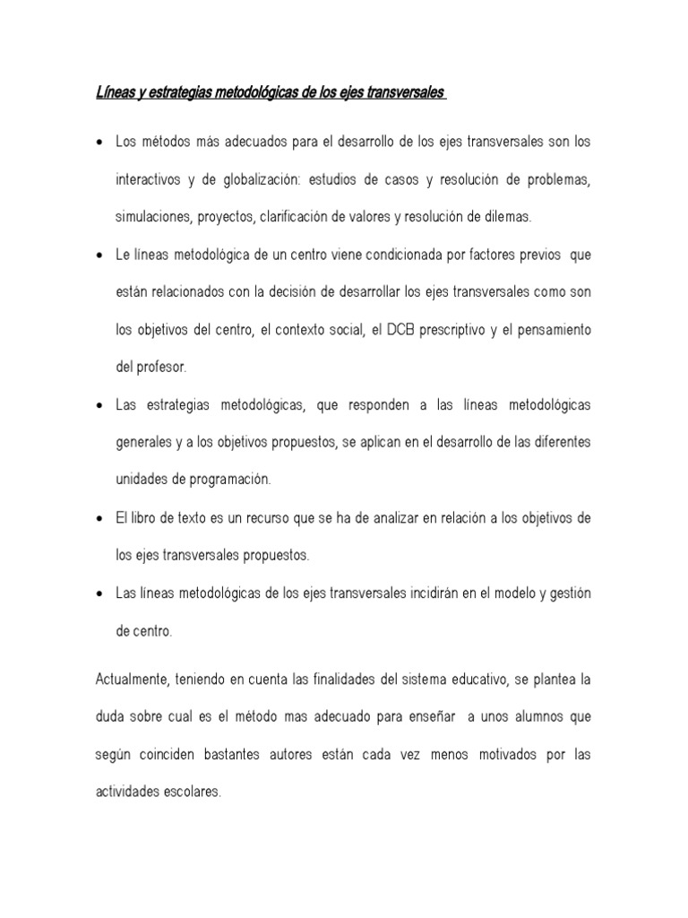 Líneas y Estrategias Metodológicas de Los Ejes Transversales | PDF | Plan de estudios | Aprendizaje
