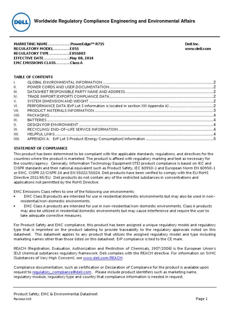 Dell Poweredge r715, E05s, E05s003, Dell Regulatory and Environmental ...