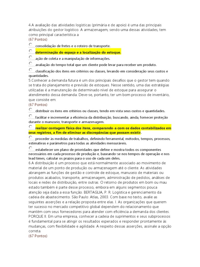 Prova B1 Processos Logísticos (Respondida) | PDF | Cadeia de suprimentos | Logística