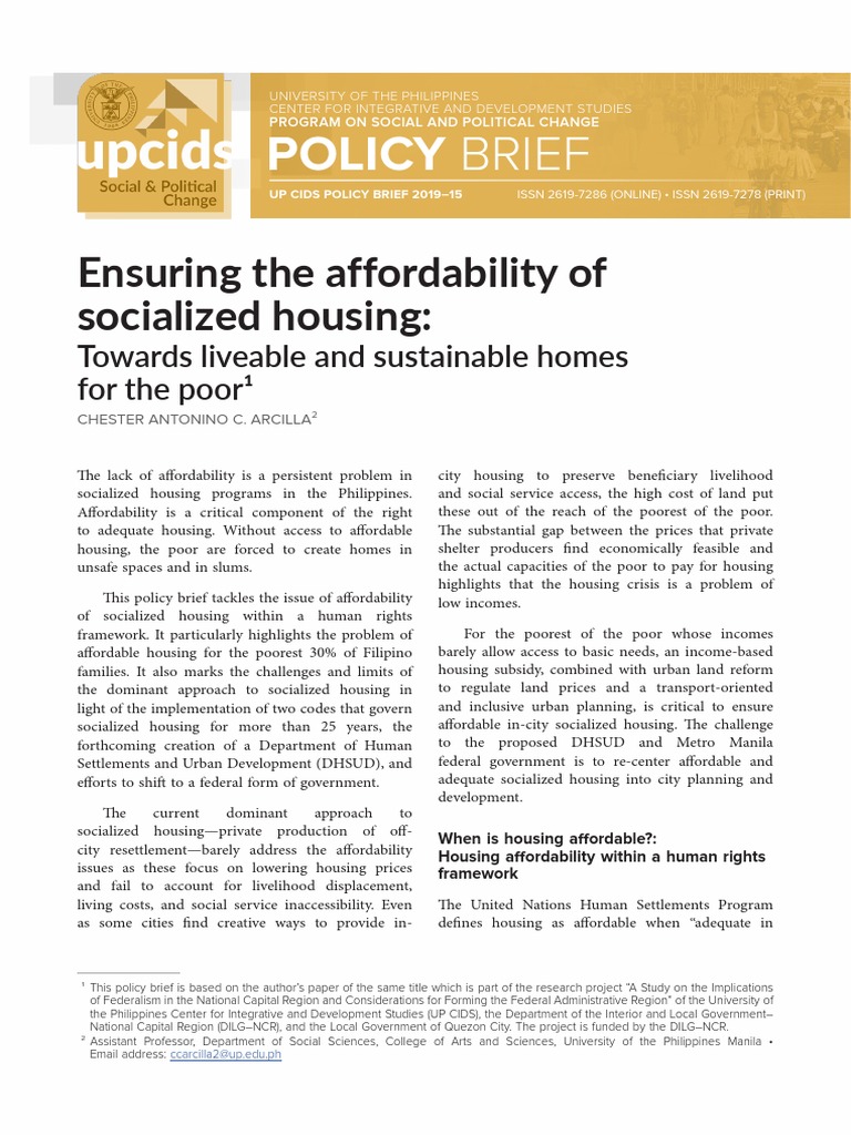 Policy Brief: Ensuring The Affordability of Socialized Housing | PDF ...