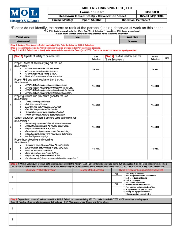 HS008 Behavior Based Safety Observation Sheet Rev.03 | PDF | Safety ...