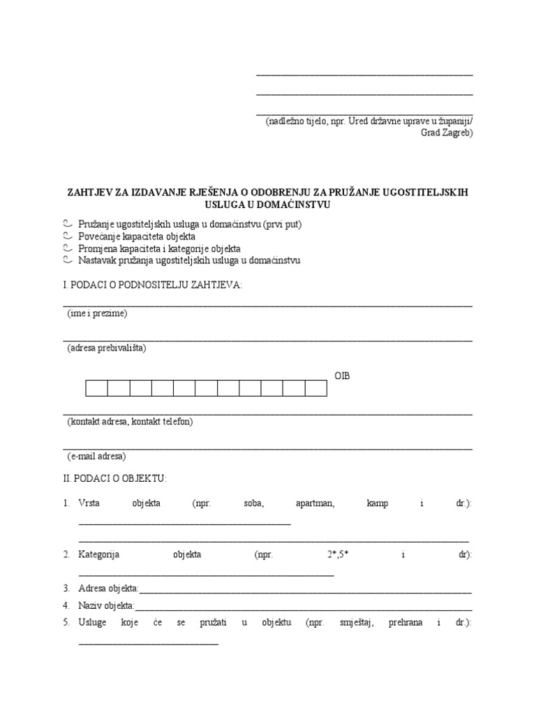 Zahtjev Za Izdavanje Rješenja o Odobrenju Za Pružanje Ugostitieljskih ...
