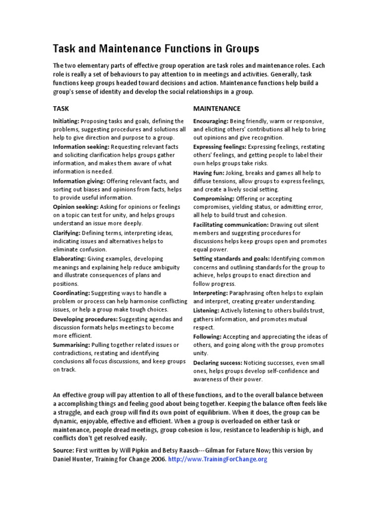 Task and Maintenance Functions in Groups | PDF | Information | Social ...