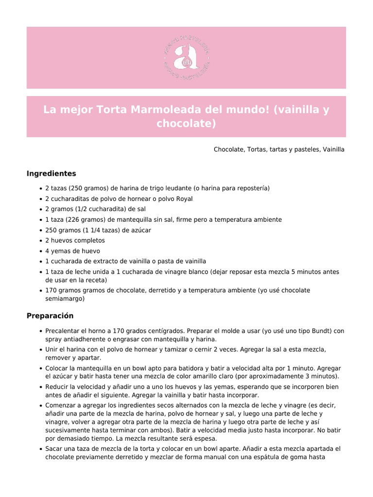 Receta de Torta Marmoleada Perfecta | PDF | Chocolate | Huevo como alimento